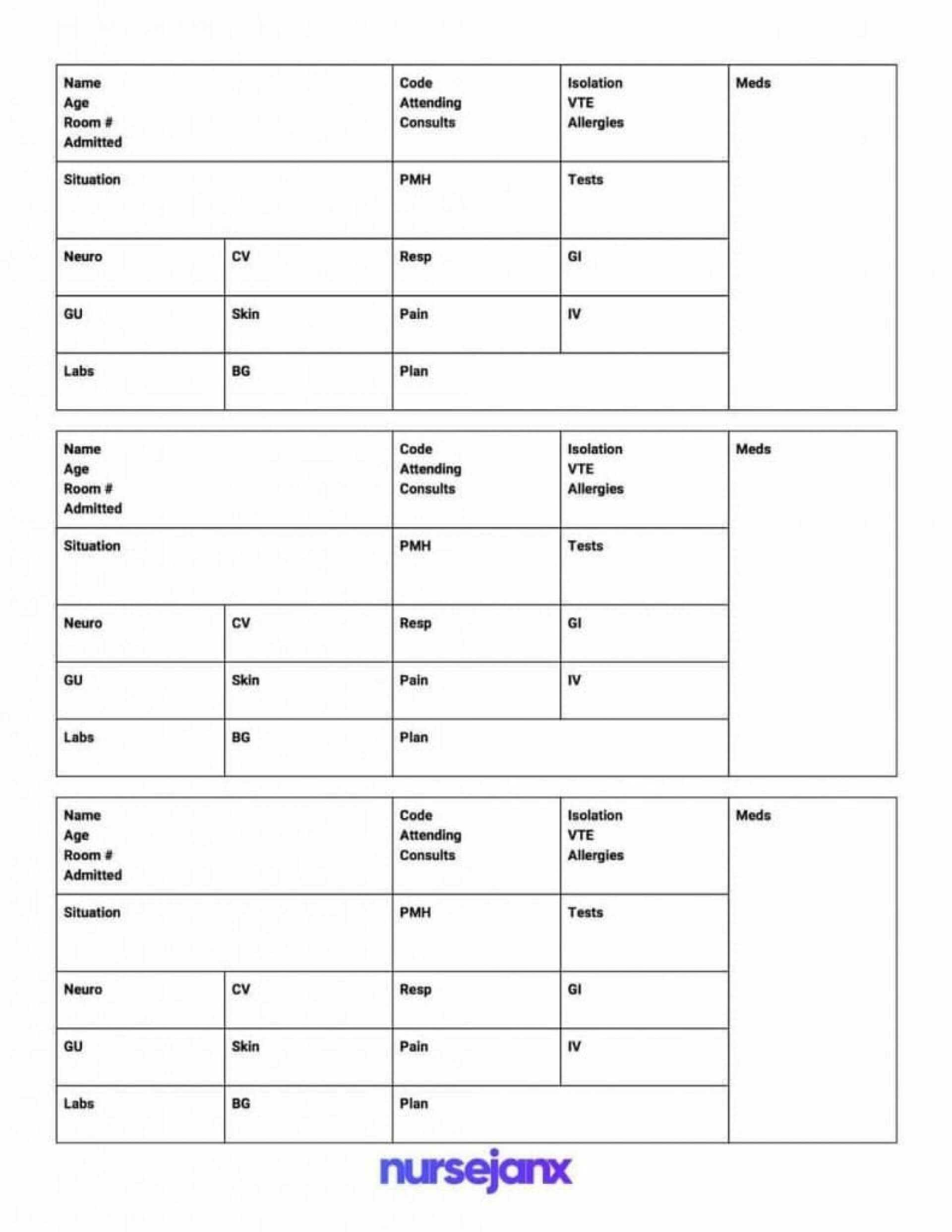 Nurse Shift Report Sheet Template