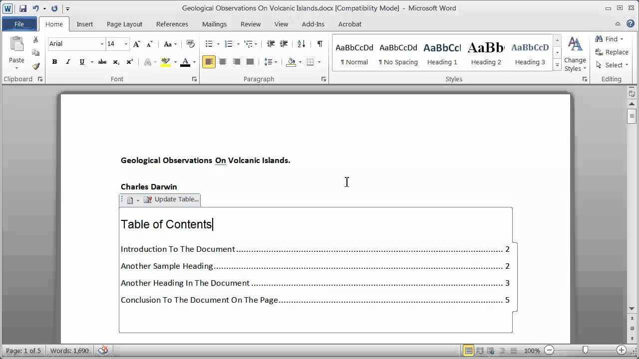 Creating A Table Of Contents In A Word Document Part 1 Throughout Word 2013 Table Of Contents 