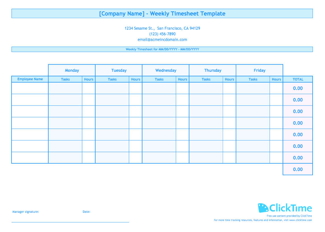 Weekly Timesheet Template For Multiple Employees Clicktime Regarding 